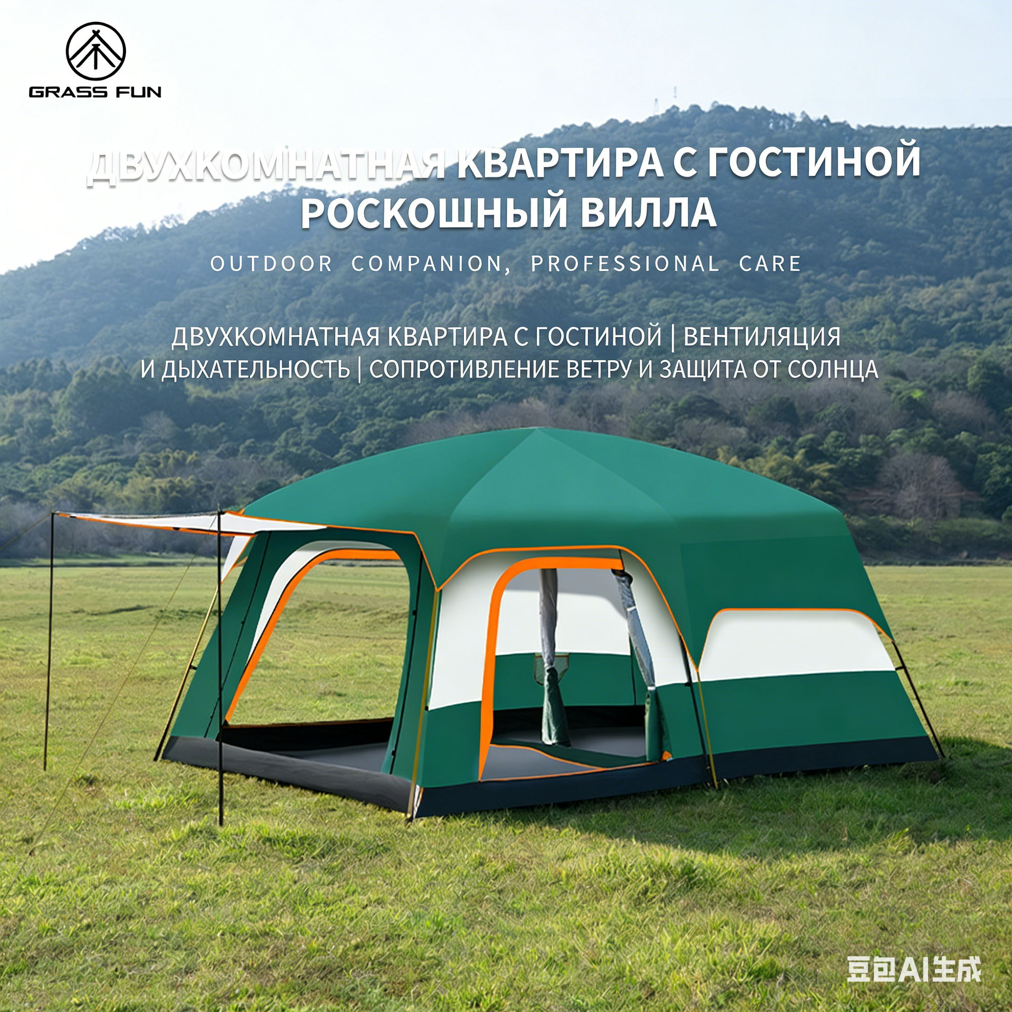 Кемпинговая палатка, 4-6 спальных места, внутренний каркас, 8.5 кг зелёный
