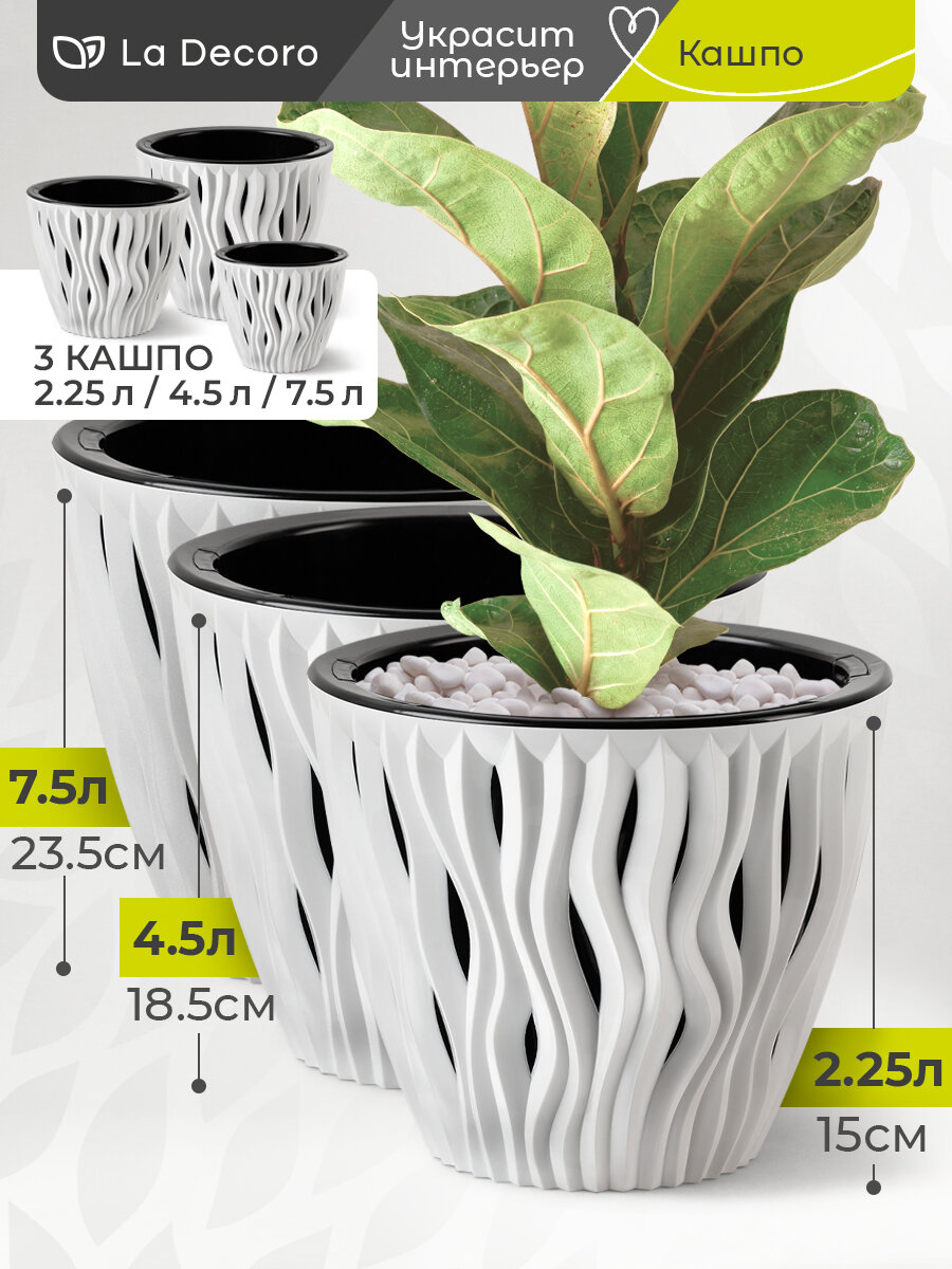 Кашпо со складными ручками La Decoro, горшок для цветов с внутренней вставкой, вдохновение, 3 шт в наборе 2.25 л, 4.5 л и 7.5л, цвет белый и черный