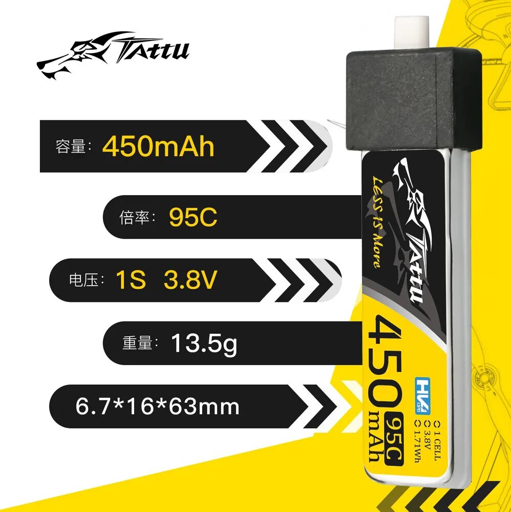 TATTU 450mAh 75C 3.8V 1S LiPo Battery BT2.0 PH2.0 Аккумулятор для FPV дронов