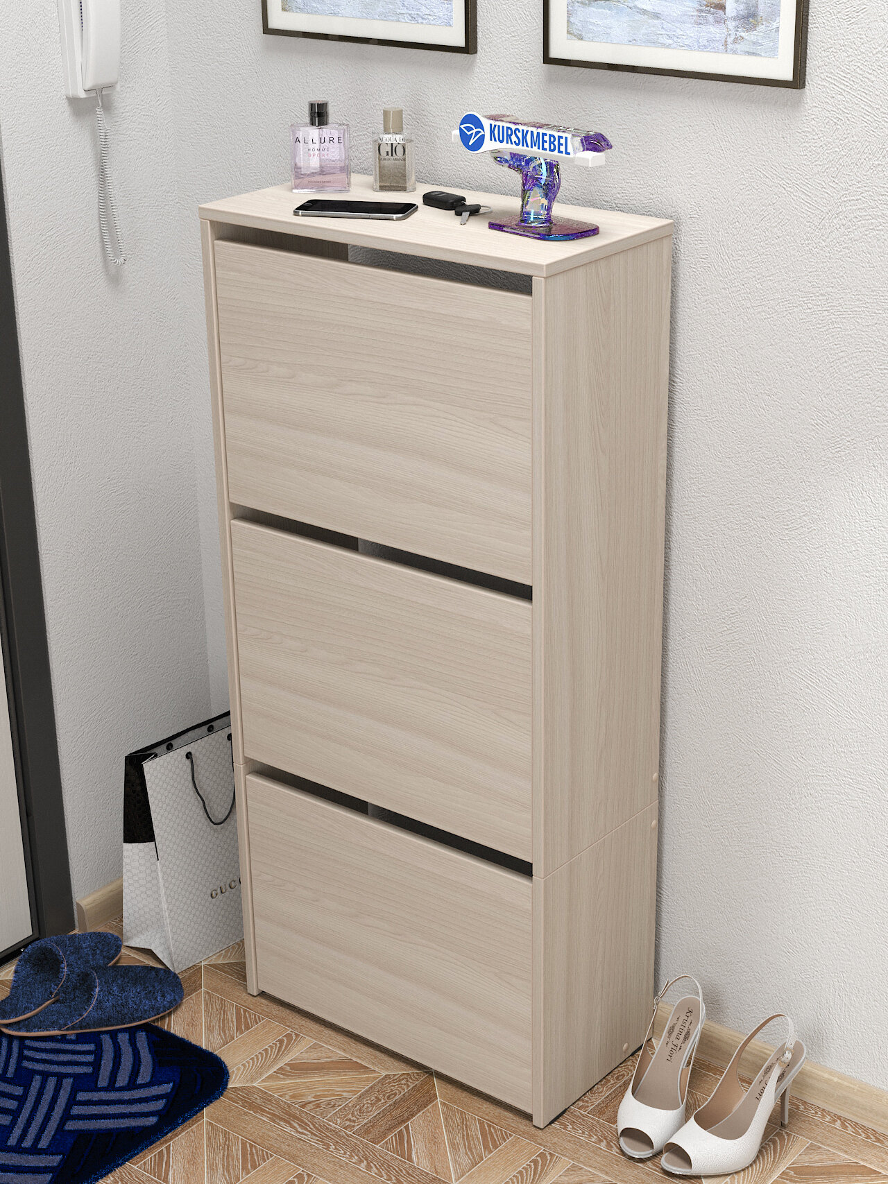 Тумба для обуви Курскмебель №15, ЛДСП, 110x51x25 см, ясень шимо светлый, для прихожей