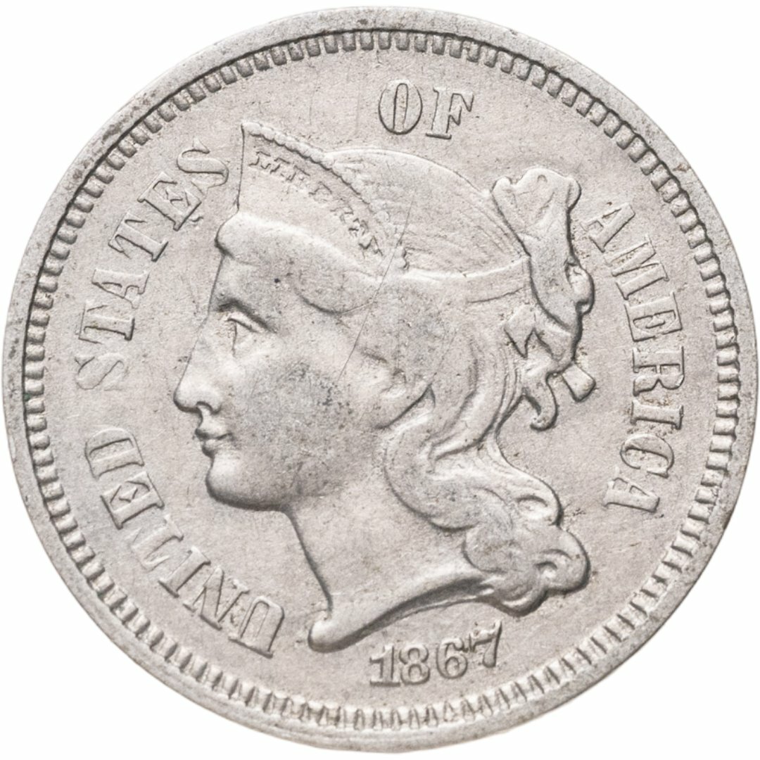 США 3 цента cents 1867 Three Cent Nickel, Мельхиор медь-никель, в сохранности XF