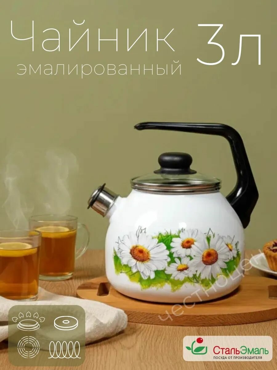 Чайник эмалированный 3,0л Ромашки лето белоснежный со свистком
