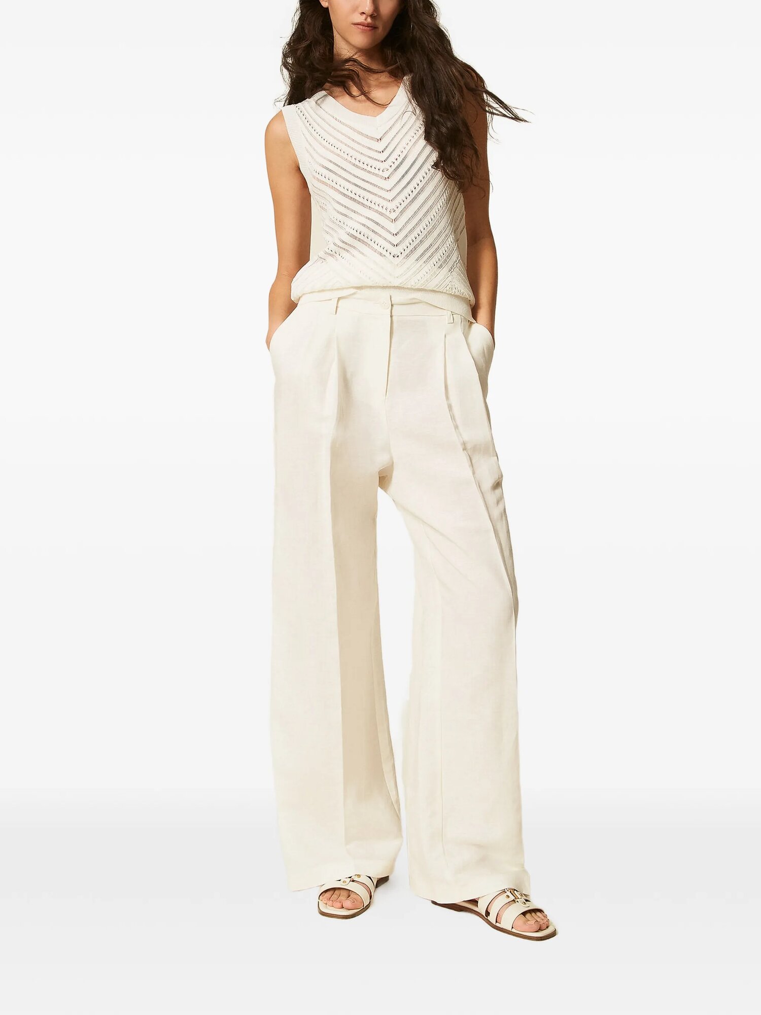 Брюки палаццо Twinset Milano High-rise palazzo pants, размер 42, бежевый/белый — фото 1
