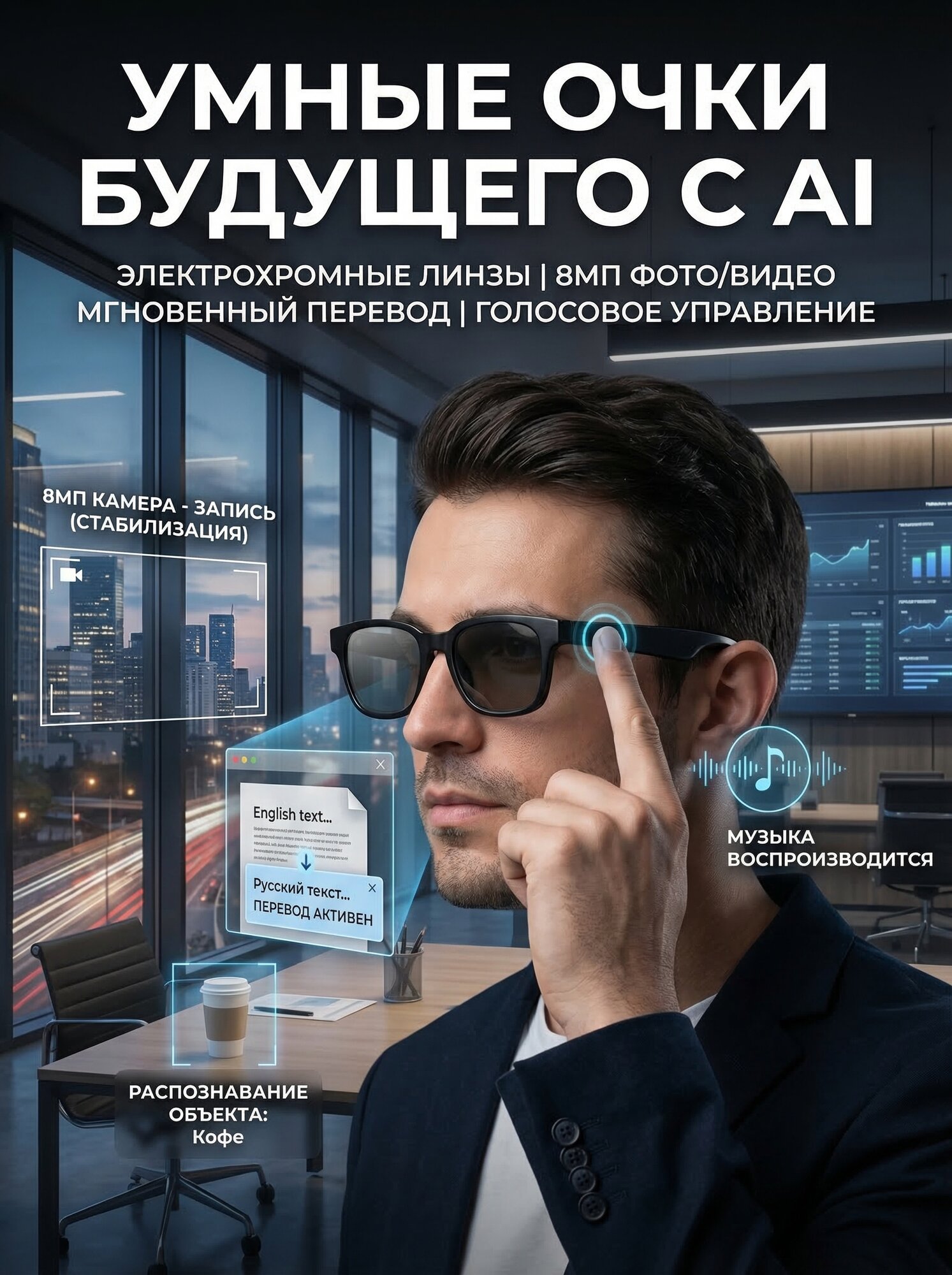 Умные очки с камерой, AI-переводом в реальном времени, защитой от синего света и Bluetooth-гарнитурой, с iOS/Android.