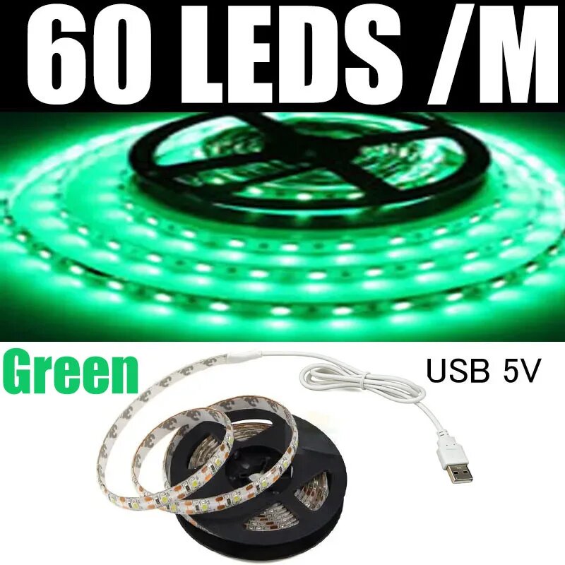 HugSunLight гибкая светодиодная лента USB 5В SMD3528 1-5м Изумрудный, Green 60LEDS Per M, 1M