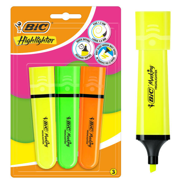 Текстовыделитель BIC в неоновых цветах уп. 3 шт.