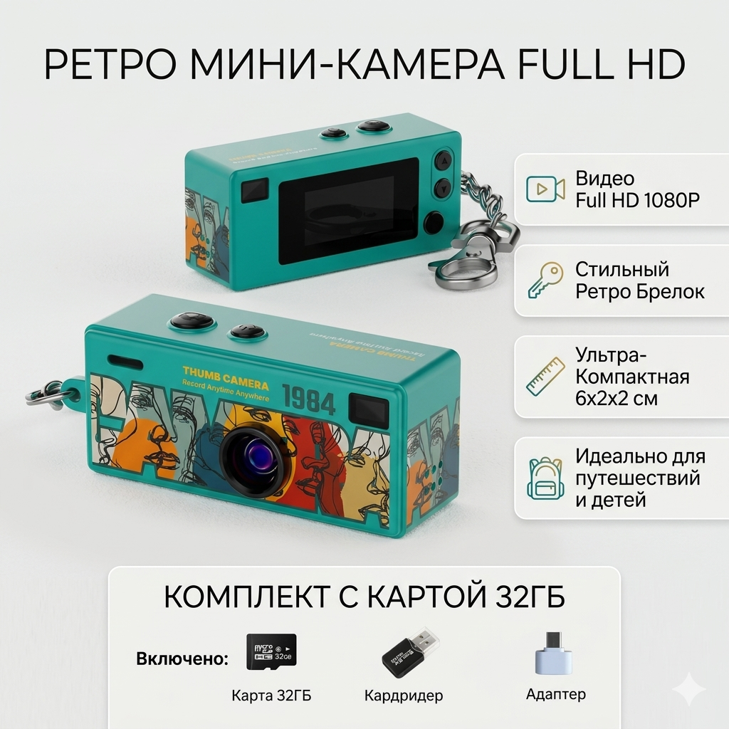 Мини-камера Full HD 1080P в ретро стиле: компактный цифровой фотоаппарат-брелок для путешествий и детей, 6х2х2 см 32gTF