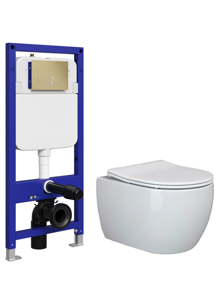 Комплект 4 в 1: Инсталляция STWORKI Кронборг S28500GM / Унитаз подвесной Ceramicanova Play CN3001 / Комплект шумоизоляции, Кнопка матовая золотая