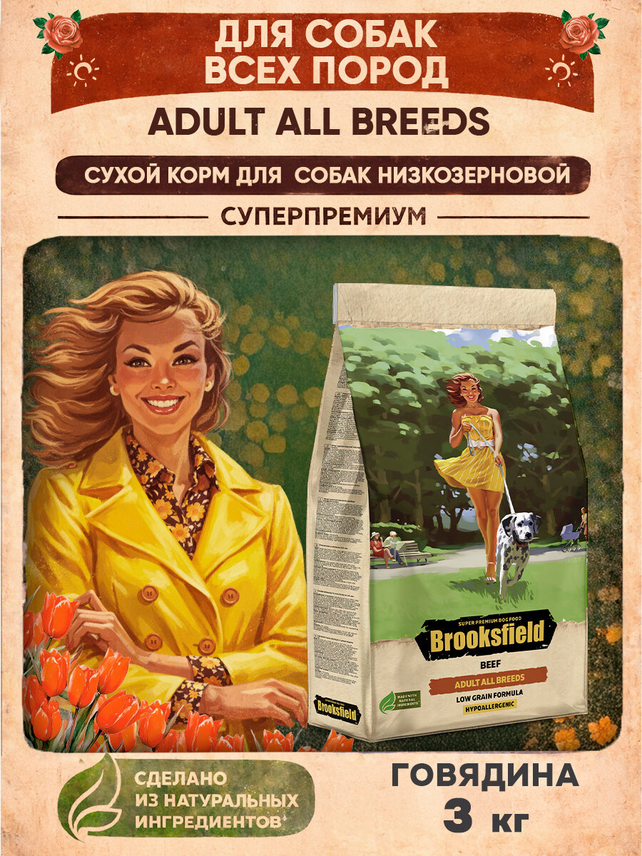 Корм для собак сухой для всех пород 3кг, гипоаллергенный BROOKSFIELD (Бруксфилд), Говядина
