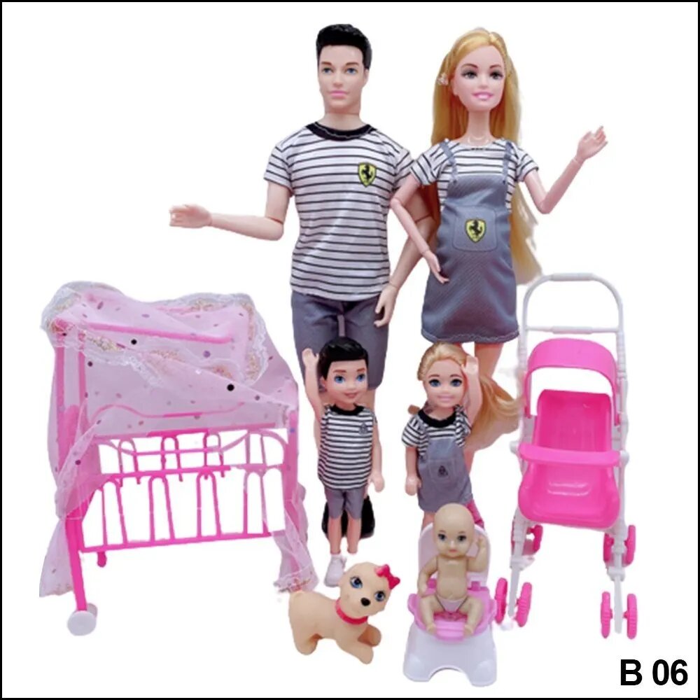 Эксклюзивный набор из 6 кукол для сюжетной игры: будущая мама, папа, младенец, коляска, колыбель и дополнительные аксессуары