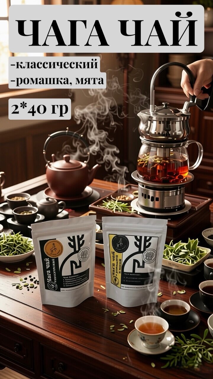 Чай "Душа леса" Чага, классический и с ромашкой, 2 упаковки по 40 гр