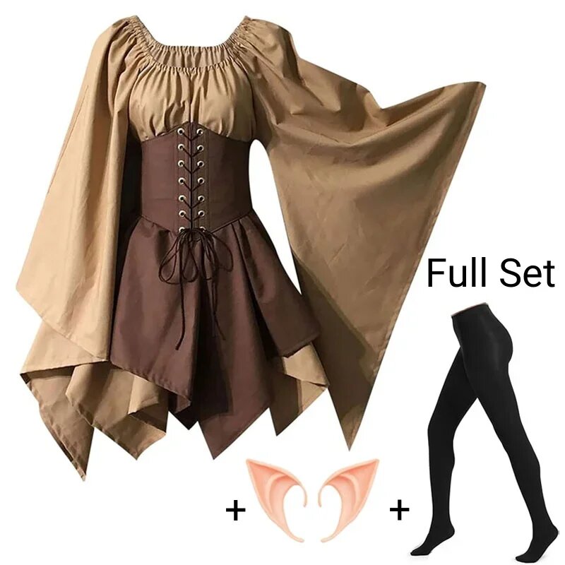 Женское средневековое платье из полиэстера Renaissance Medieval Коричневый, L, Khaki Set