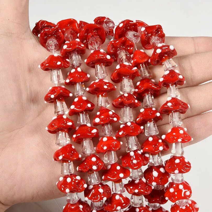 Бусины грибы стеклянные красные, 6 шт