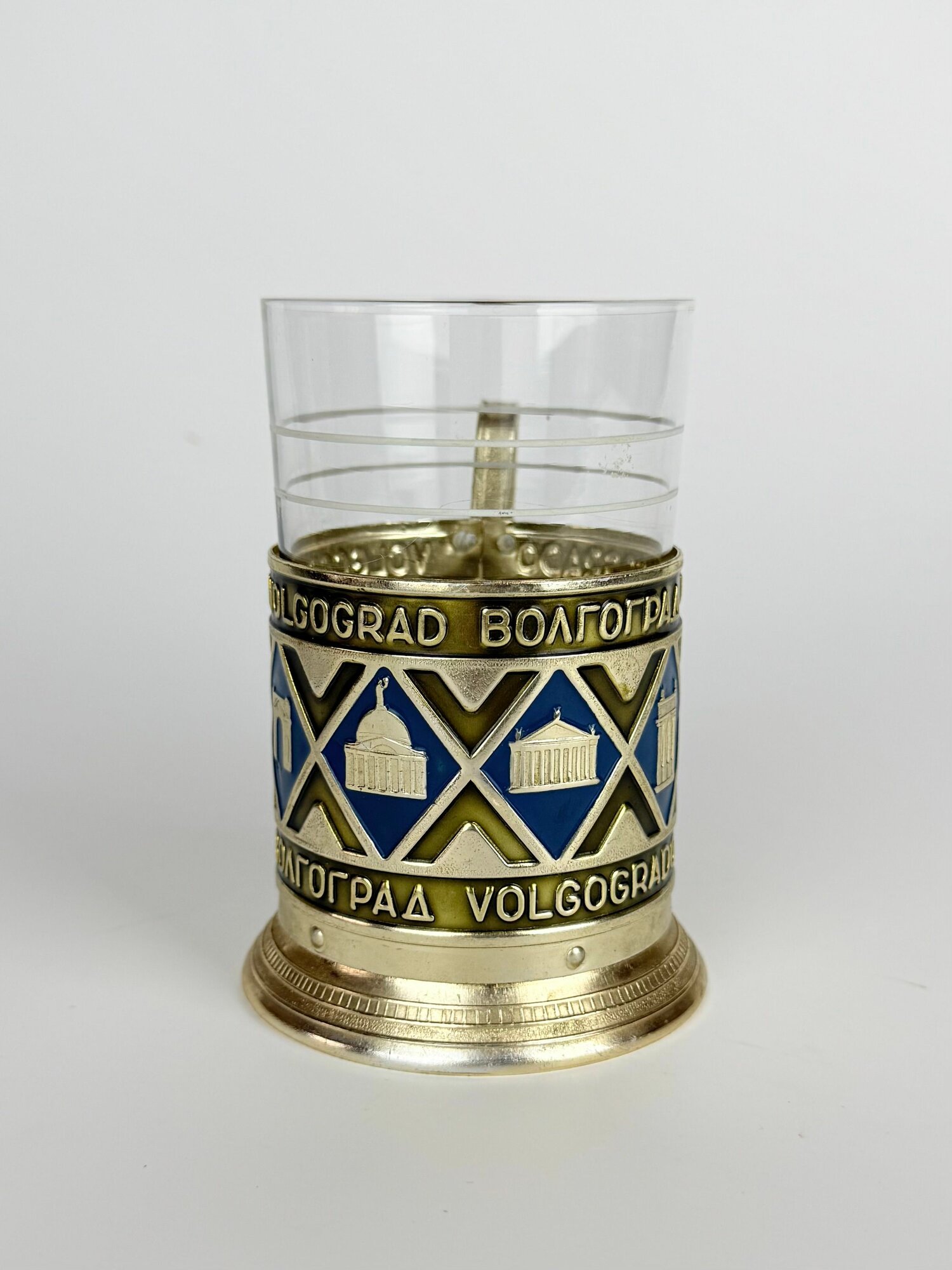 Винтажный подстаканник СССР Волгоград со стаканом из тонкого стекла СССР
