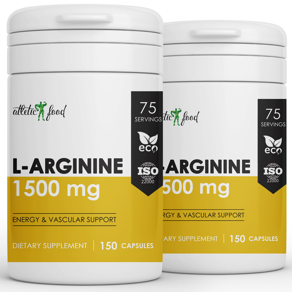 Л-Аргинин Atletic Food, для улучшения циркуляции крови, 3000мг, 2 упаковки по 150капсул