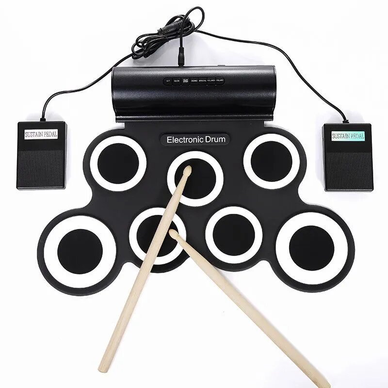 Электронный барабан детская гибкая, в комплекте барабанные палочки, белого цвета