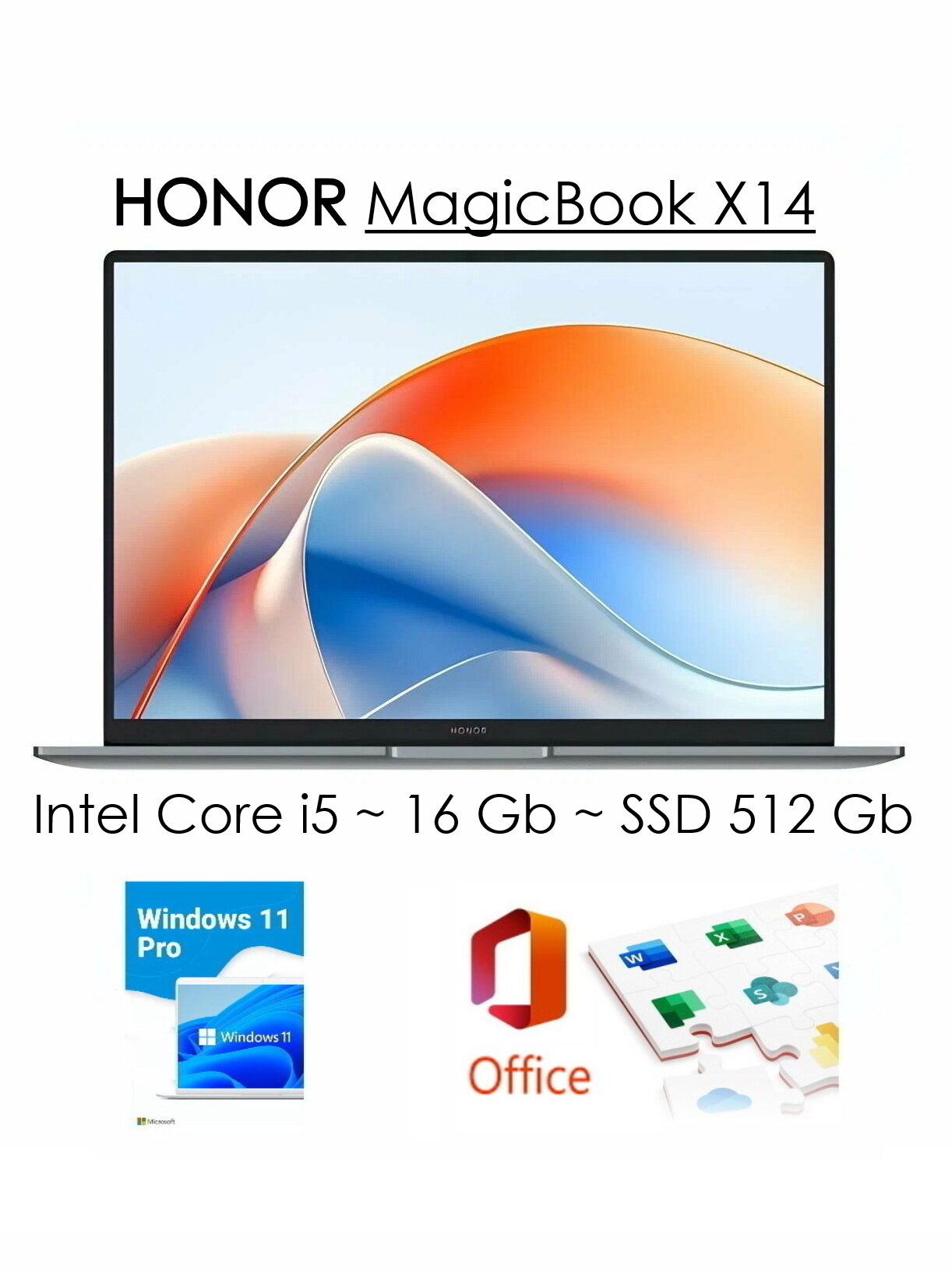 Ноутбук HONOR MagicBook X14, Intel Core i5 12450H (8 ядер), 16 ГБ, SSD 512 ГБ, Windows 11 Pro + MS Office, металлический корпус, подсветка клавиатуры, сканер отпечатка, русская раскладка, серебристый