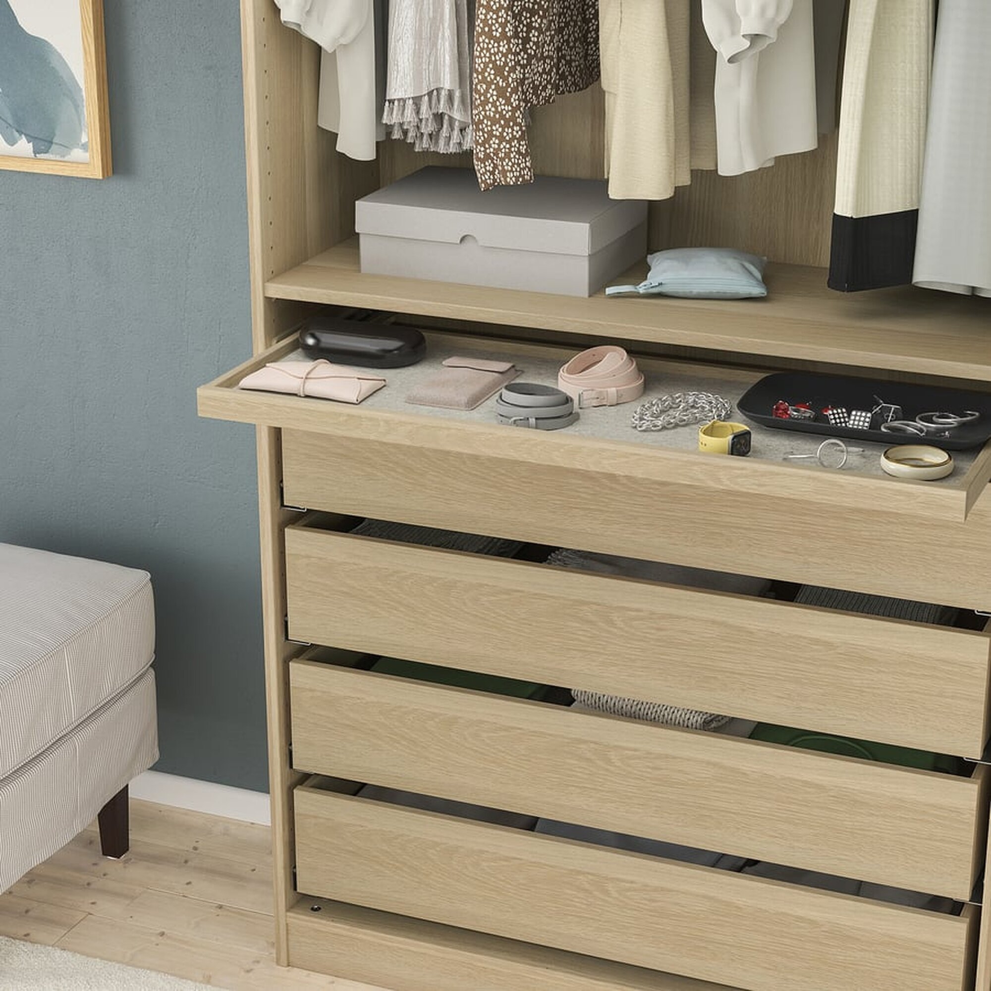 Выдвижной лоток с ковриком для ящика IKEA KOMPLEMENT , цвет имитация дуба/светло-серый 100x35 см 995.549.49