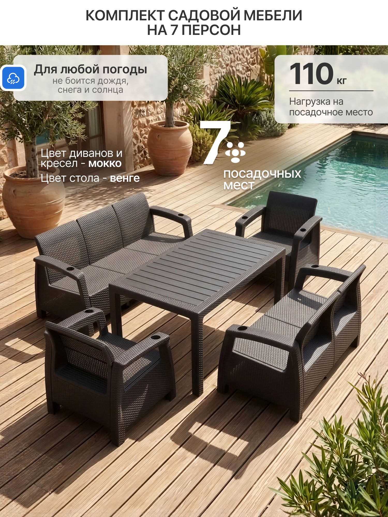 Комплект садовой мебели Big Yalta 7 set мокко, без подушек