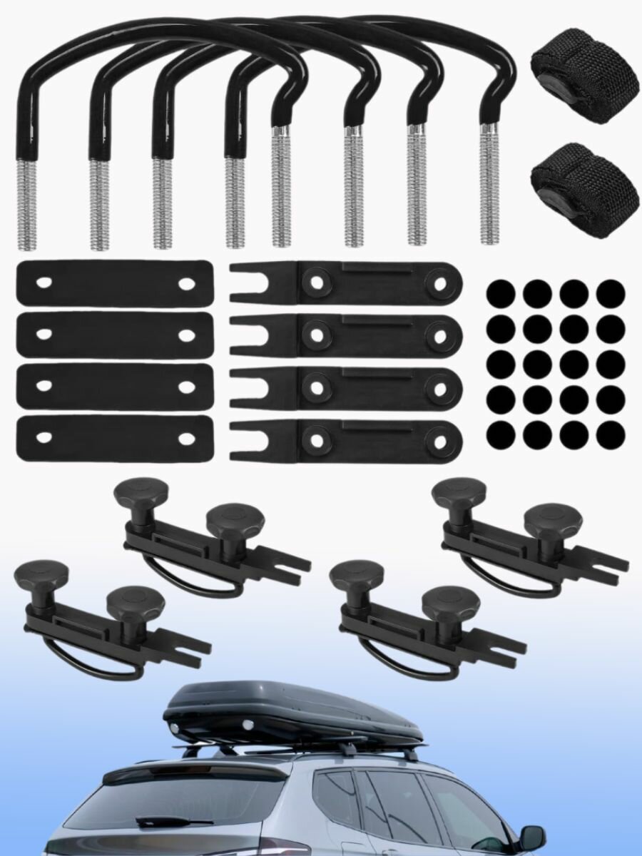Комплект Крепления Бокса на Крышу (4 шт) - U-образные Хомуты 85 мм с Гайками и Ремнями, Универсальный Антикоррозийный Монтажный Набор для Авто/Фургонов