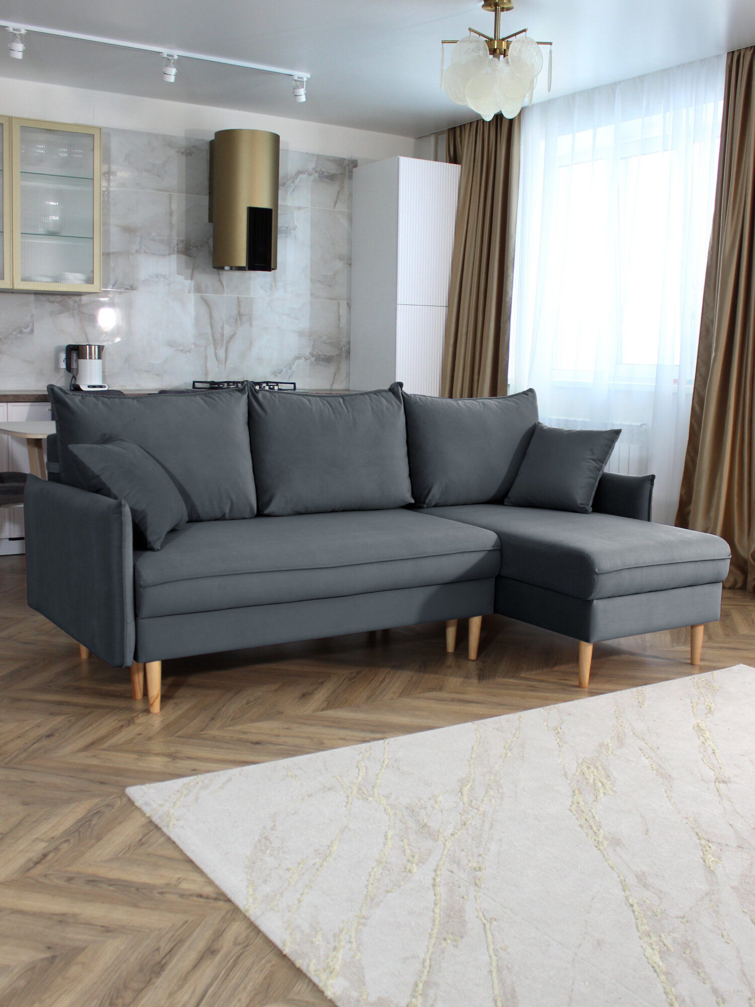 Диван-кровать угловой Фьорд с оттоманкой серый, правый угол, механизм Тик-так, 216х145х95 см