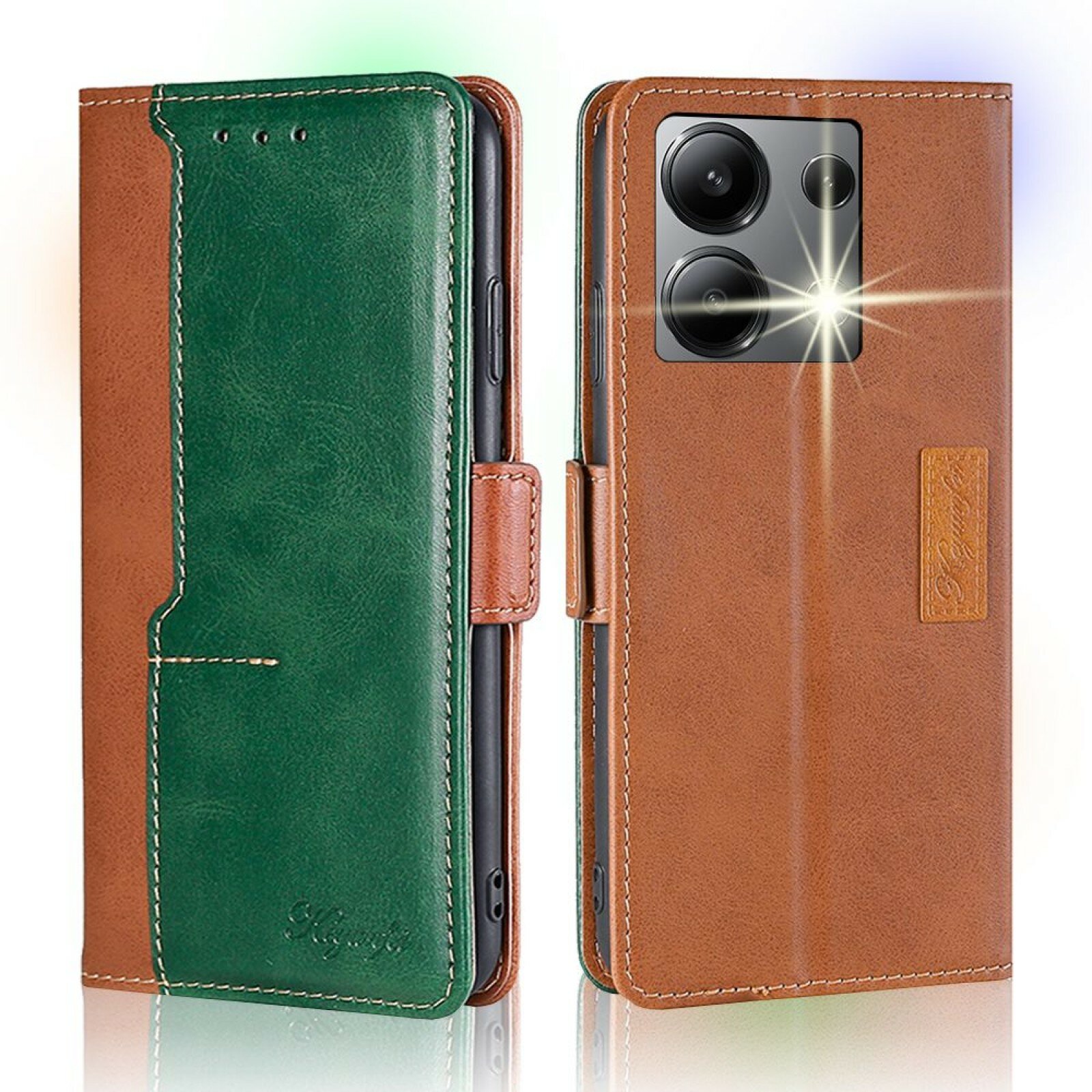 Чехол-книжка MyPads для Xiaomi Redmi Note 13 4G из искусственной кожи коричневый с зеленым