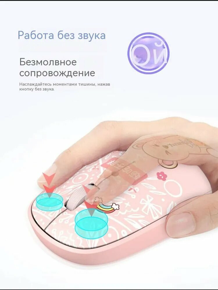 Мышь беспроводная Беспроводная Bluetooth мышь с мультяшным рисунком, бесшумная, милый стиль для девушек, портативная для ноутбука, светло-розовый