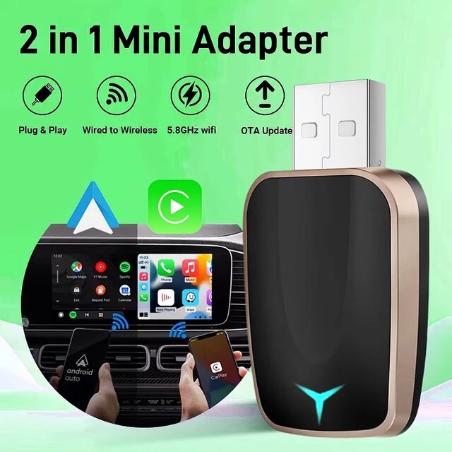 Беспроводной адаптер CarPlay 2-в-1, беспроводная автомобильная система Android с искусственным интеллектом, подходит для автомобилей с проводным CarPlay.