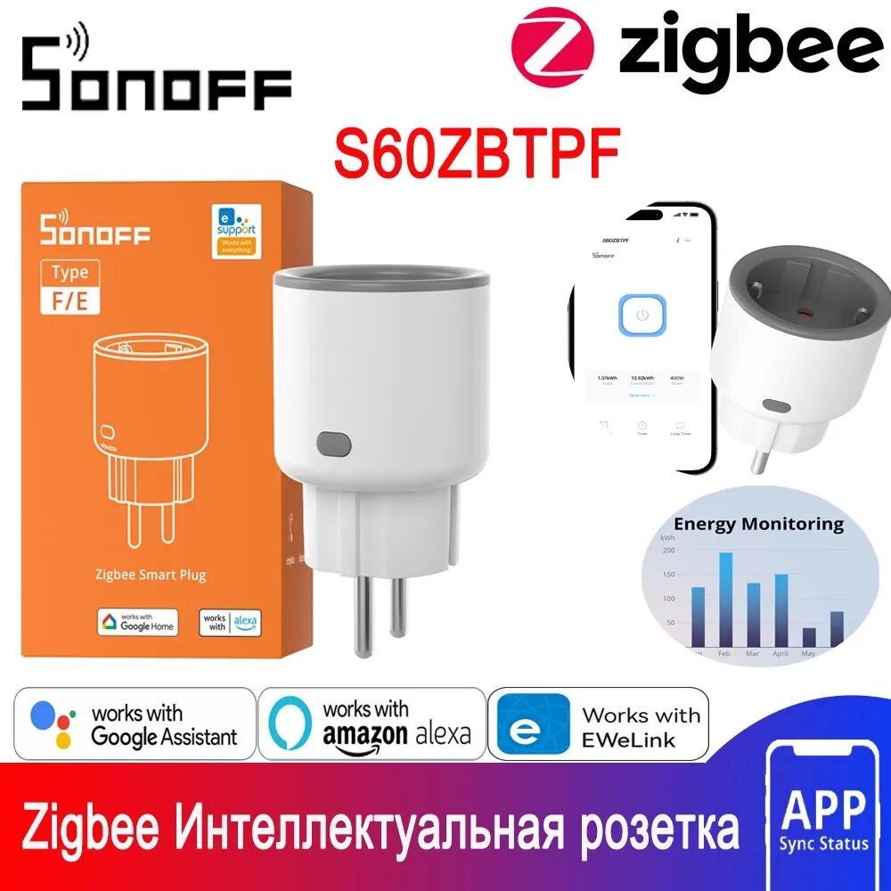 Розетка Sonoff S60ZB Zigbee Smart Plug, 16А, 250В, Евровилка, eWeLink
