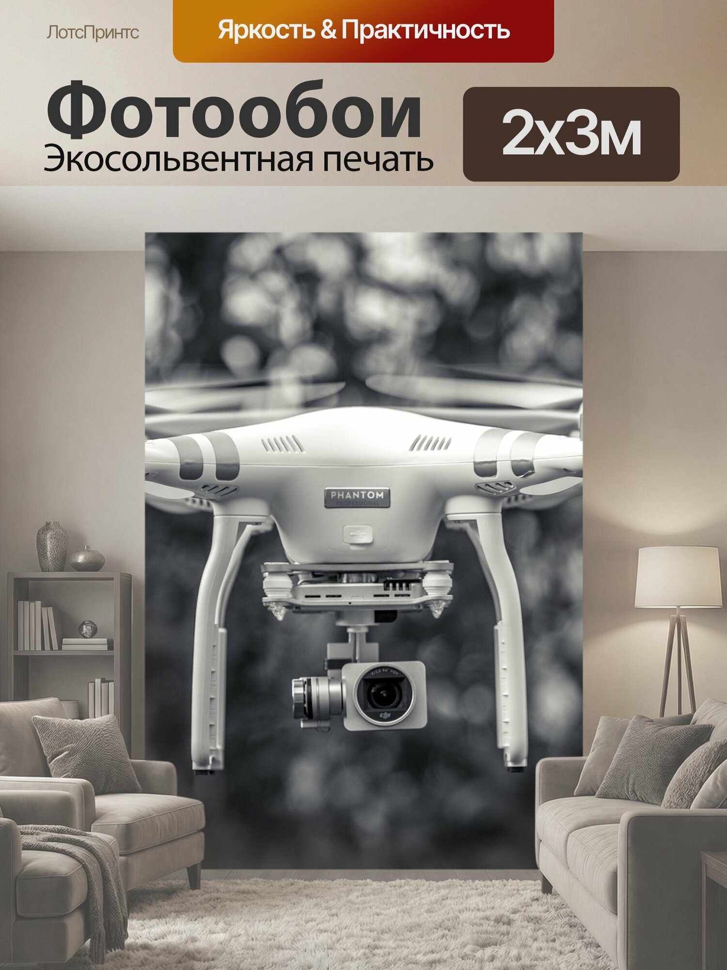 Фотообои "Черный и белый, дрон, летающий" 200x300 см. экосольвентная печать