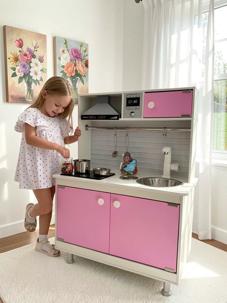 Детская кухня SITSTEP с вытяжкой, интерактивной плитой (со звуком и светом), малиновые фасады