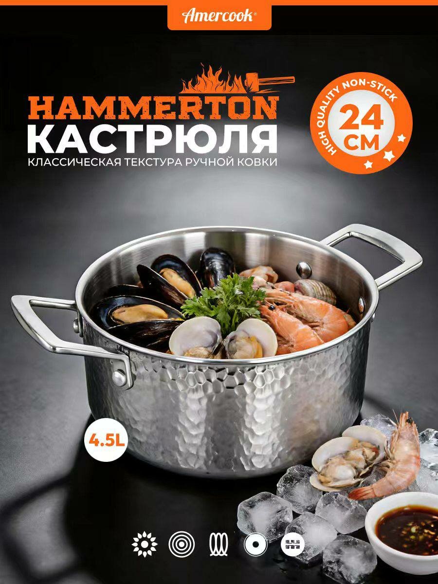 Кастрюля AMERCOOK 24 см со стеклянной крышкой, трёхслойная нержавеющая сталь, универсальная для всех плит