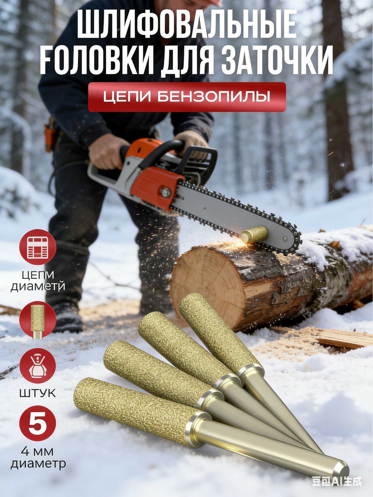 Точилка для цепи электропилы и бензопилы (Насадка на дрель), набор 5 шт, уход за садом и заготовка дров, алмаз