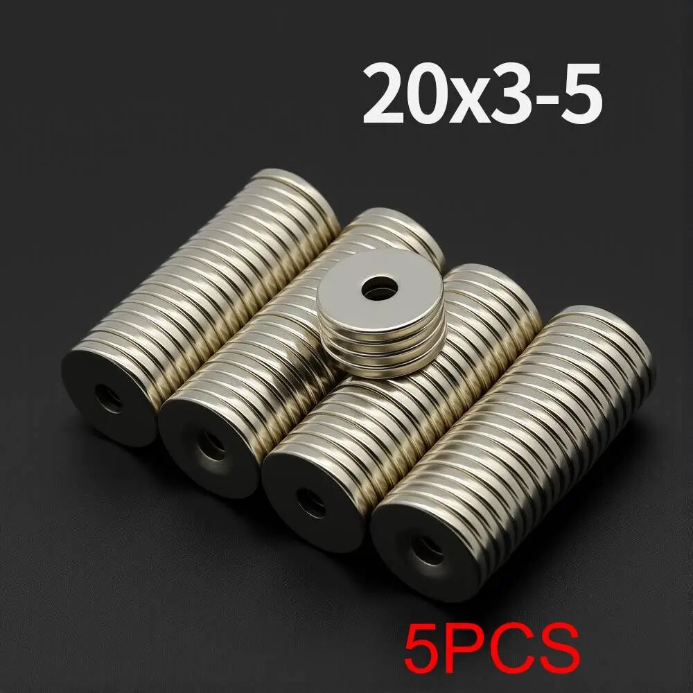 Неодимовые магниты N35 круглые с отверстиями 20x3-5-5piece