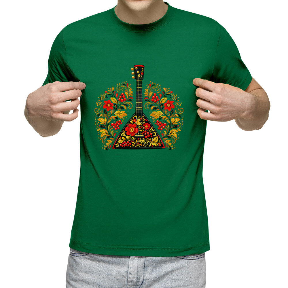 Мужская футболка «Хохлома: узор-балалайка (русские традиции)» (зеленый, XL)