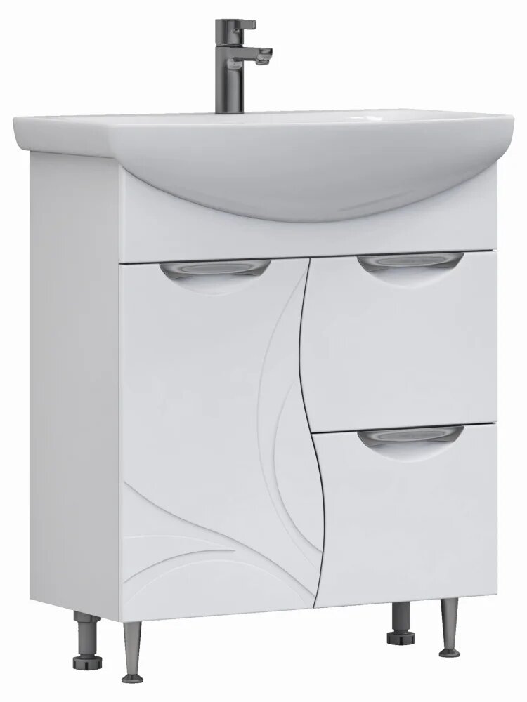 Тумба с раковиной Vigo Callao 70 напольная, 71, 5 см, белая, глянцевая, из МДФ, с ящиками, с дверками, раковина для ванной фарфоровая, полукруглая