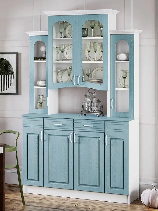 Буфет для кухни Констанция, кухонный шкаф витрина для посуды напольный с фасадами МДФ, 140х225х43 см, Голубой/Белый