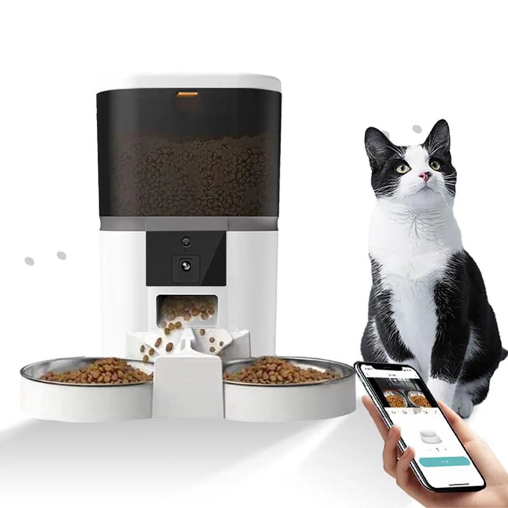 4L Double Food Video Cat Automatic Feeder с камерой, 2 миски из нержавеющей стали, сеть 2.4G необходимо подключить