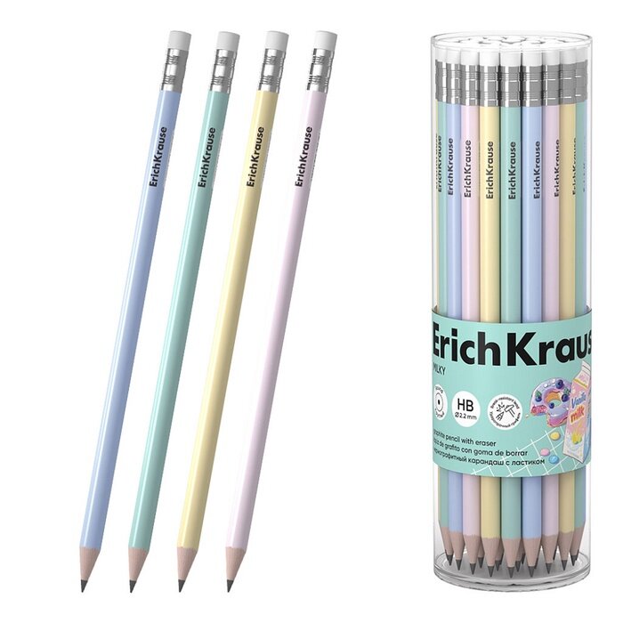 Карандаш чернографитный ErichKrause Milky круглый, с ластиком, HB, в тубусе, пластик