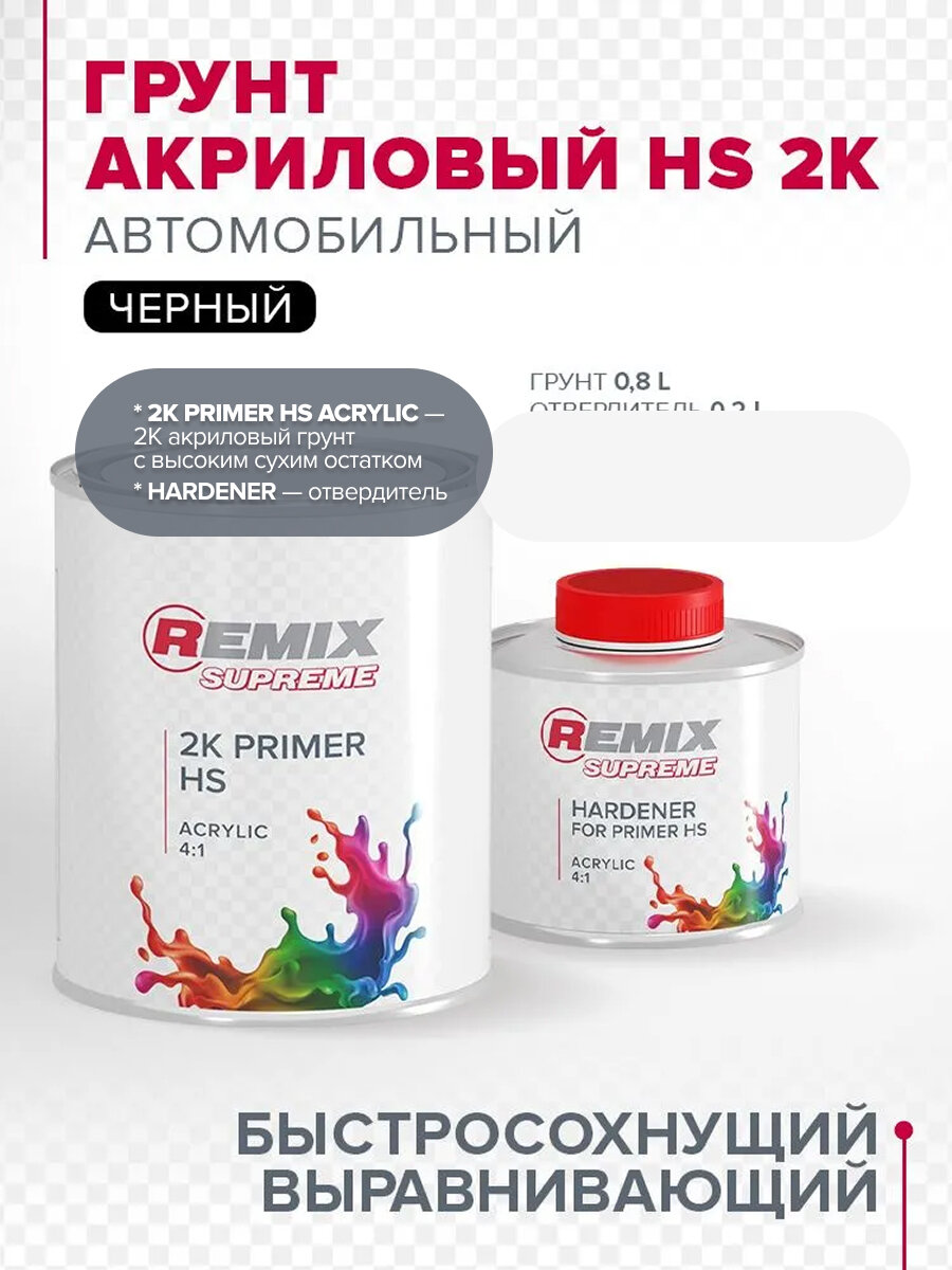 Грунтовка для автомобиля 2К HS с высоким сухим остатком 4+1 черная 0,8л+0,2л отвердитель REMIX SUPREME грунт акриловый