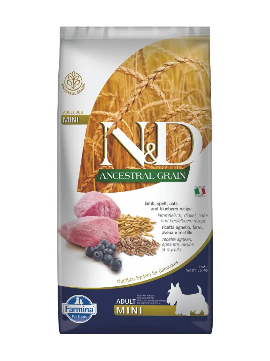 Сухой корм farmina N&D Ancestral Grain (Фармина) для собак мелких пород ягненок и черникой, 7 кг
