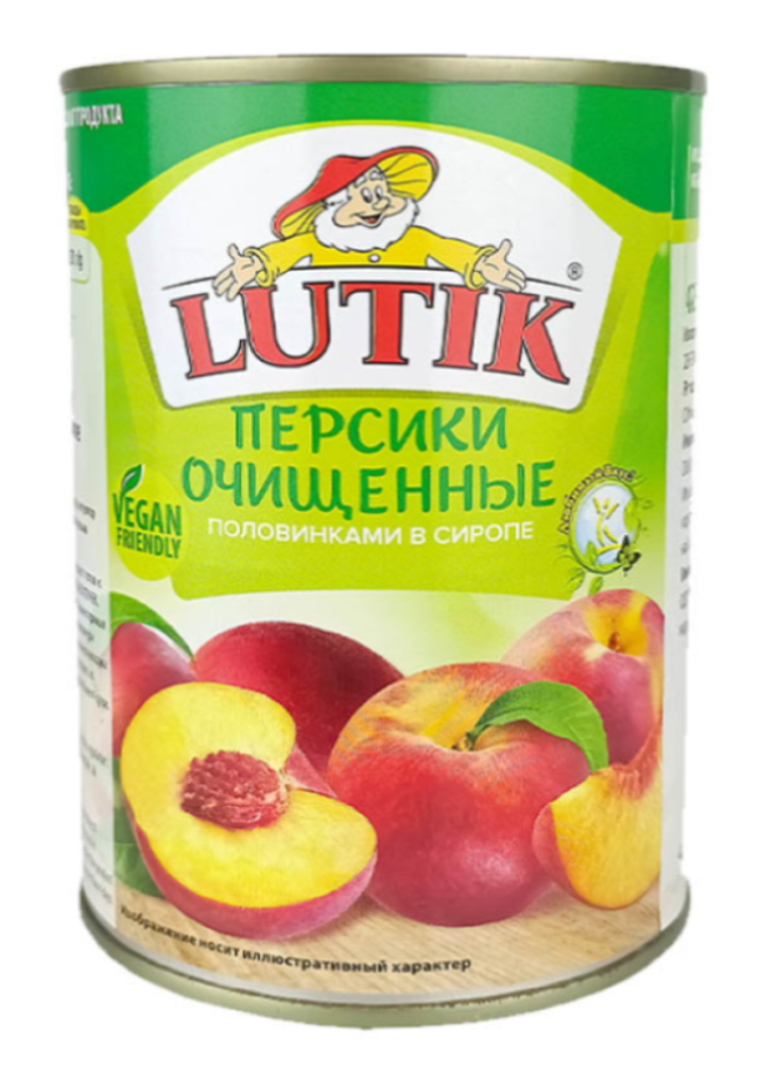 Персики Lutik очищенные половинкам в сиропе, консервированные, 425 мл