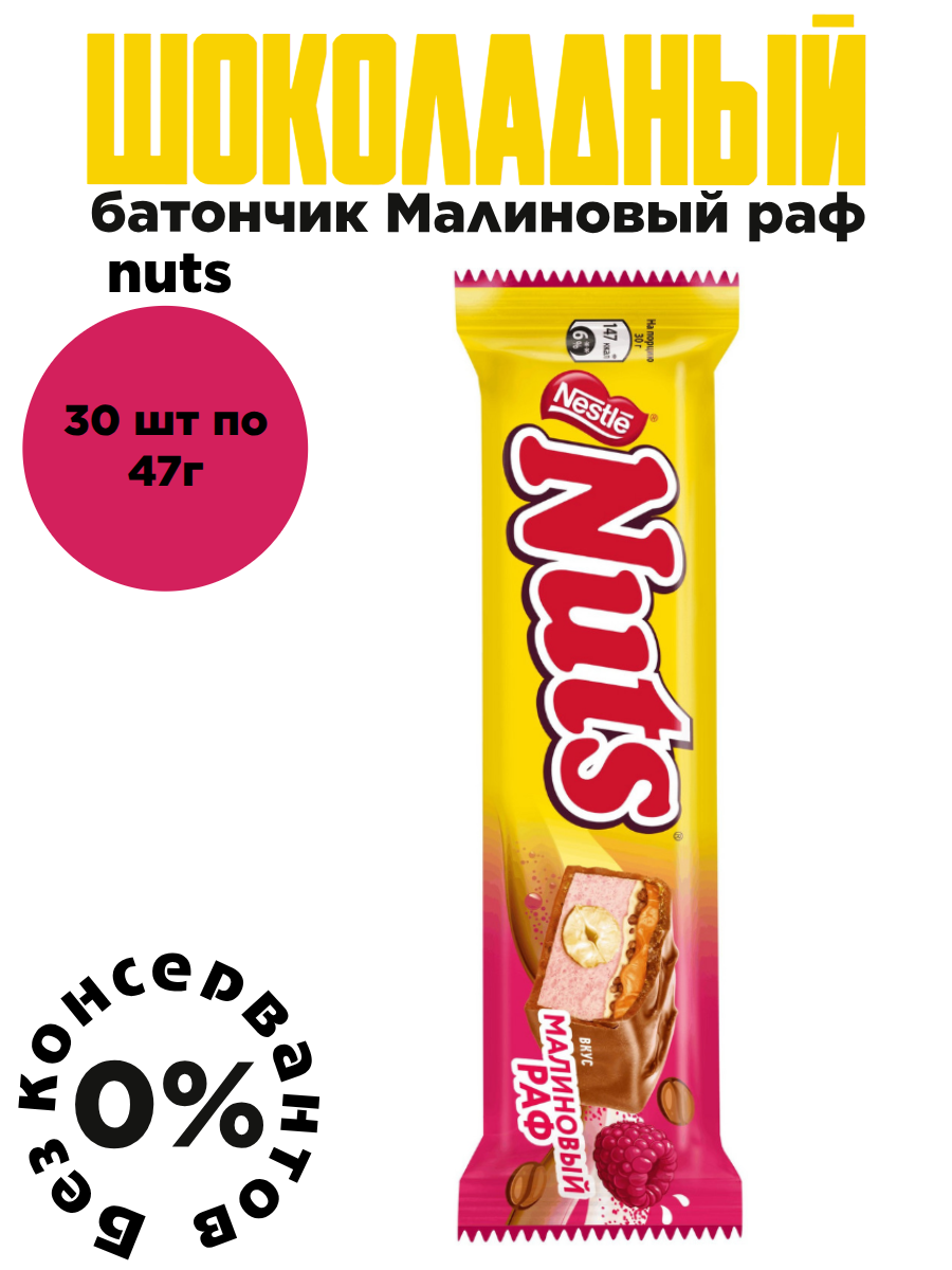 Батончик натуральный шоколадный Nuts Малиновый раф, 60 грамм по 30 штук