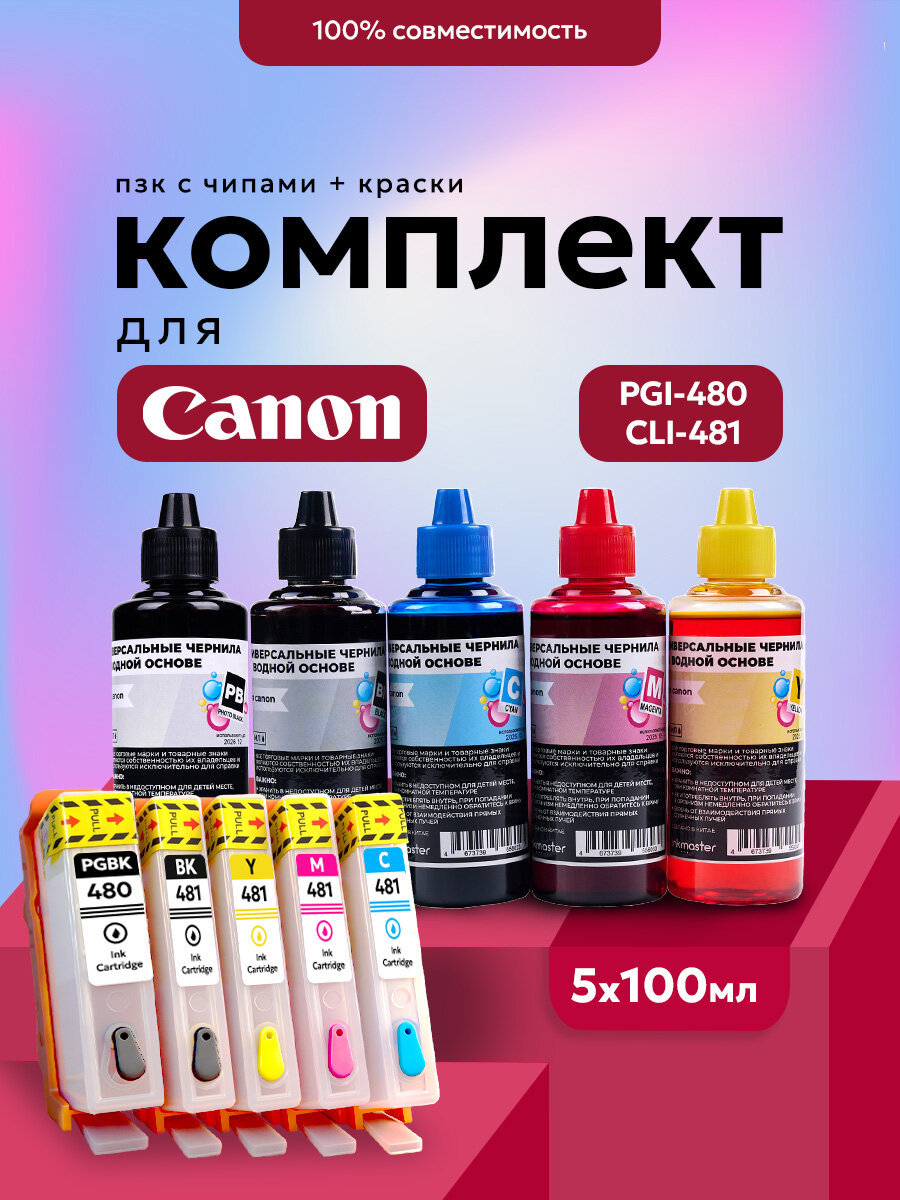 Перезаправляемые картриджи ПЗК PGI-480 / CLI-481 XXL с чернилами для Canon PIXMA 5 цветов