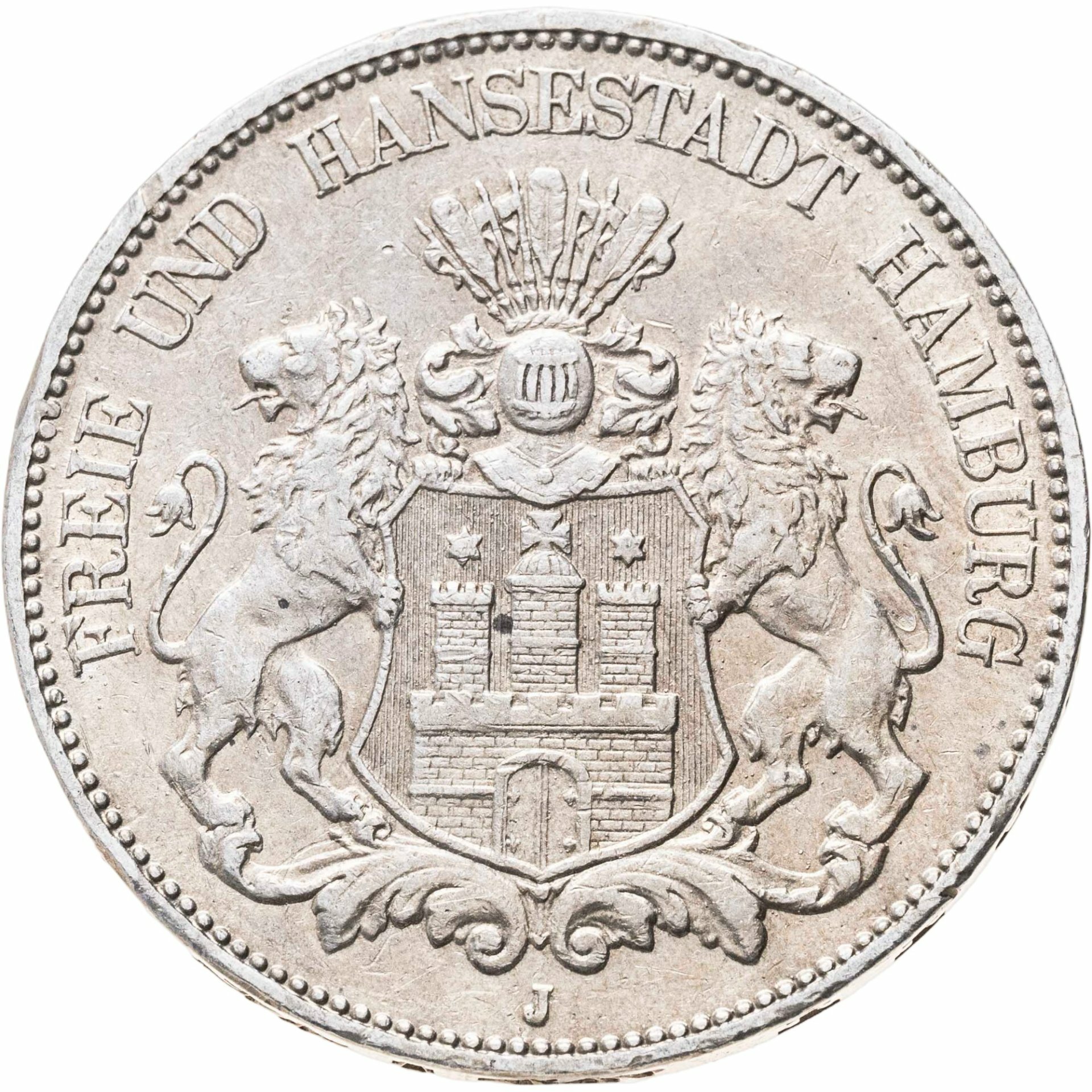 Германия, Гамбург, 5 марок mark 1907 J, Серебро 900, в сохранности XF
