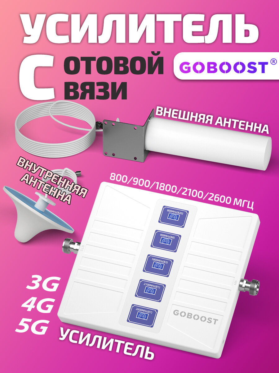 Усилитель сигнала сотовой связи и интернета, усилитель 5 канальный, 5G,4G, 3G, 2G, С 2 антеннами и кабелем длиной 10 м