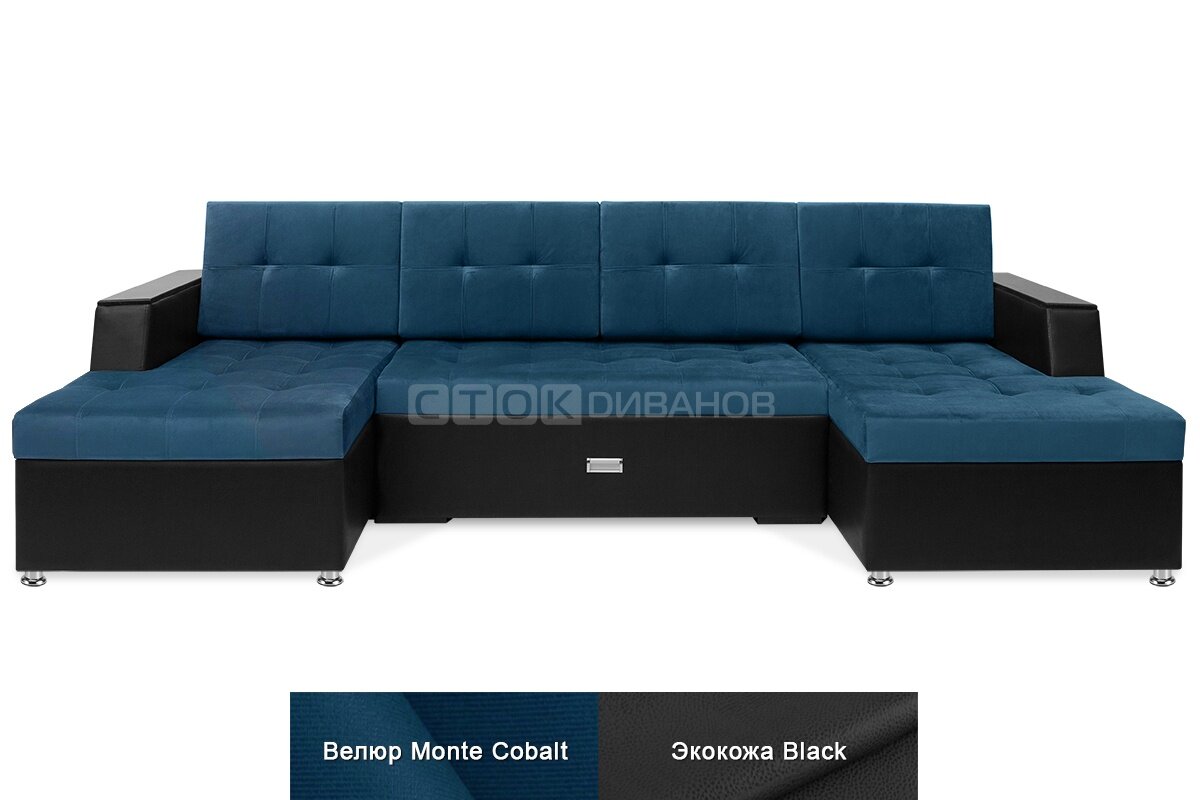 П-образный диван Сток Диванов Микеланджело, темно-синий велюр, механизм еврокнижка