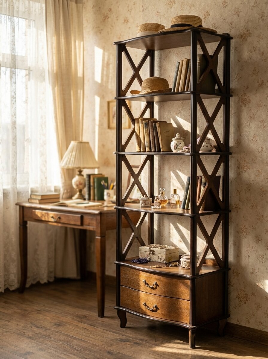 Этажерка IFERS Джульетта-4 широкая, напольная, с ящиками и полками, для гостиной, цвет орех Л