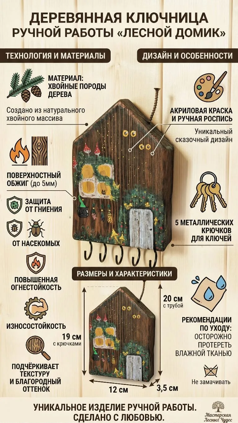 Ключница настенная деревянная ручной работы «Домик лесной ведьмы», 5 крючков
