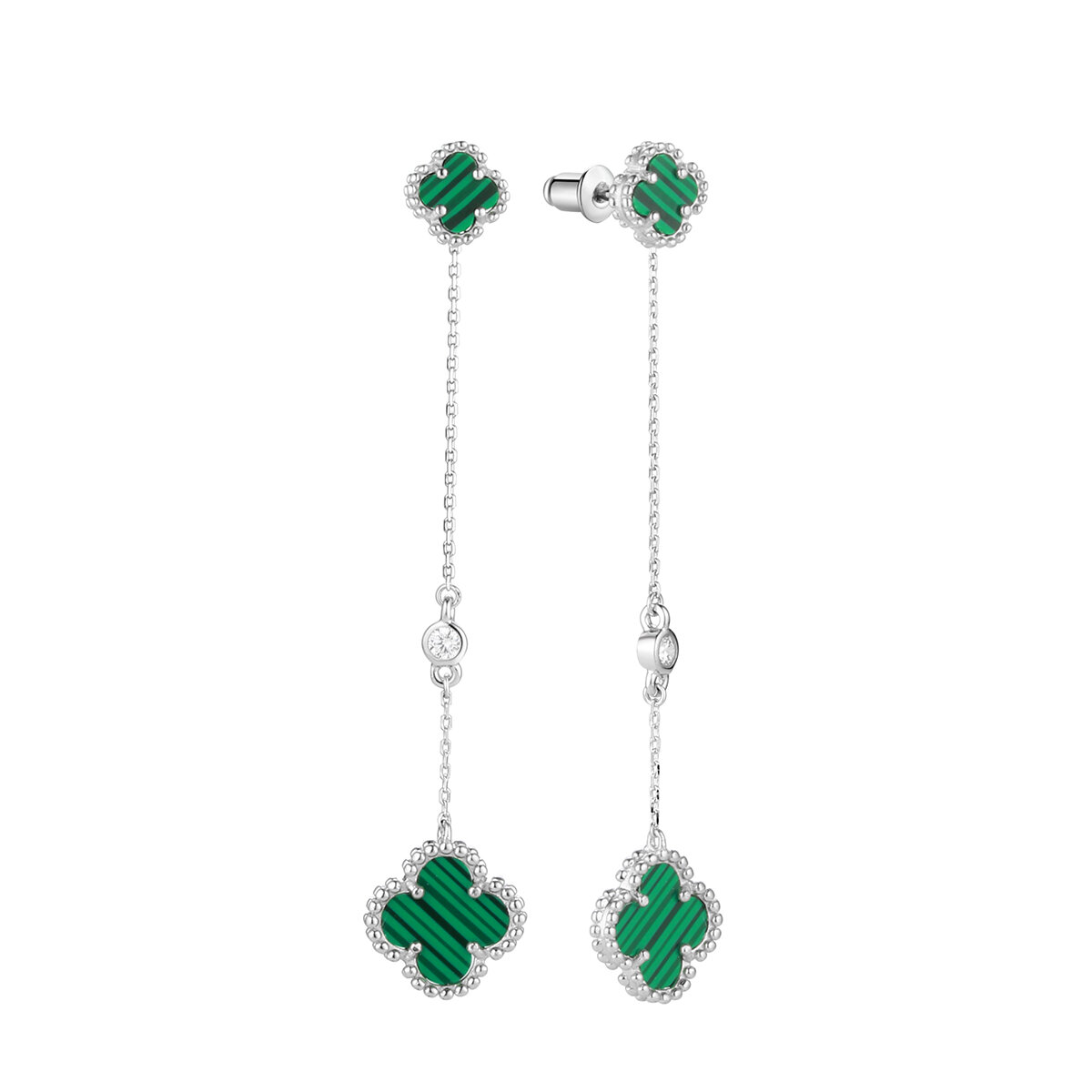 Серьги, серебро, 925 проба, малахит, фианит